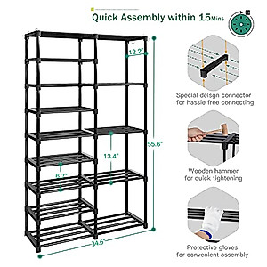TABIGER 9 Tier Shoe Rack for Entryway 32-35 Pairs, DIY Stackable Metal Shoe Rack for Closet, Sturdy Shoe Organizer for Entryway, Shoe Shelf Closet Shelf Organizer with 4 Hooks, 55.6"x34.6"x12.2"