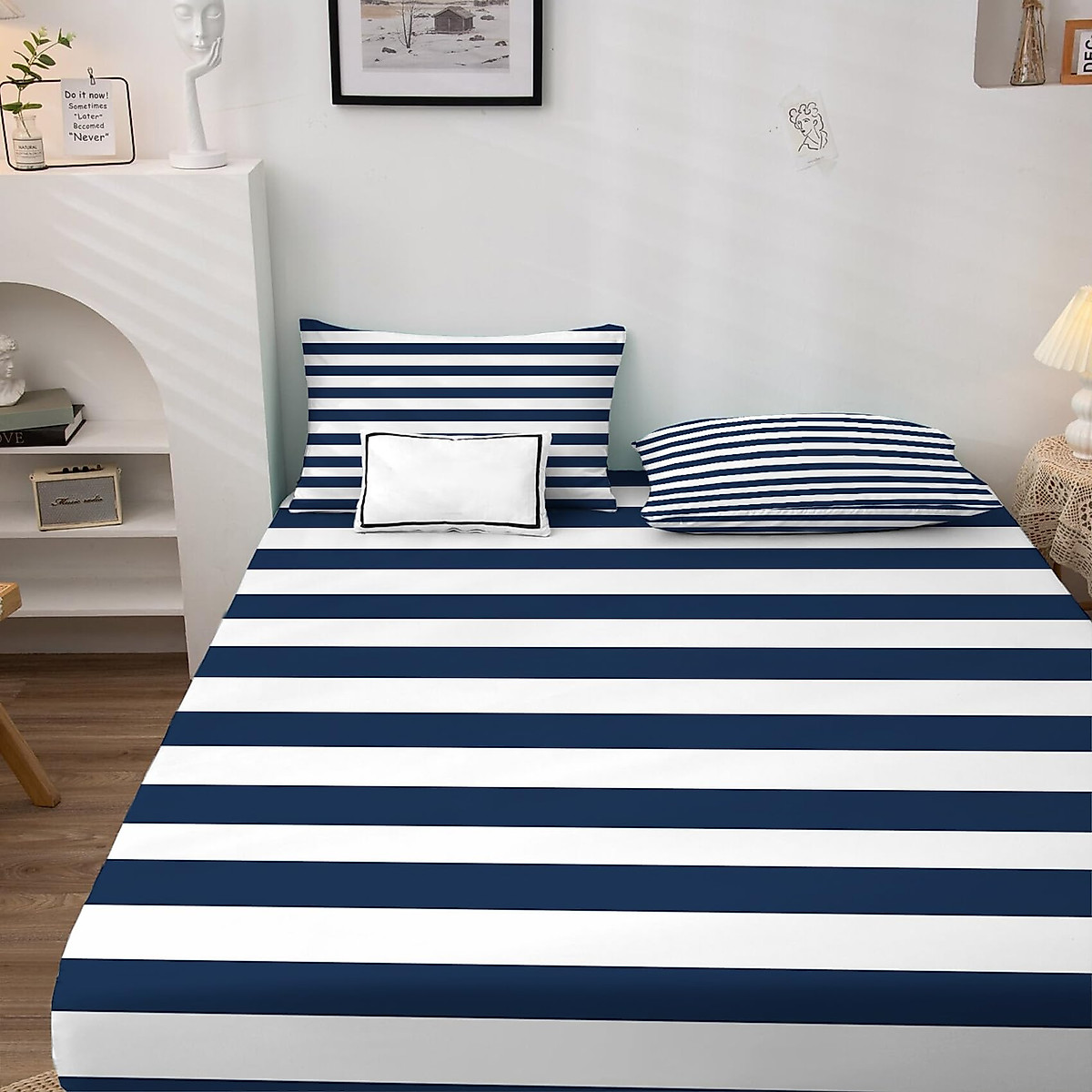 zcsm Nautical Sheets Queen Sheet Set - Navy Blue and White Stripe Bed Sheets, Soft Microfiber & Deep Pocket & Wrinkle Free Bedding Sheets & Pillowcases, 1 Fitted Sheet, 1 Flat Sheet, 2 Pillow Cases