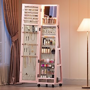 YITAHOME Mirror Jewelry Cabinet with Lights Standing Jewelry Armoire Storage Rotatable Full Length Mirror Jewelry Organizer Lockable Jewelry Armoire with Wheels for Bedroom, Cloakroom, Pink