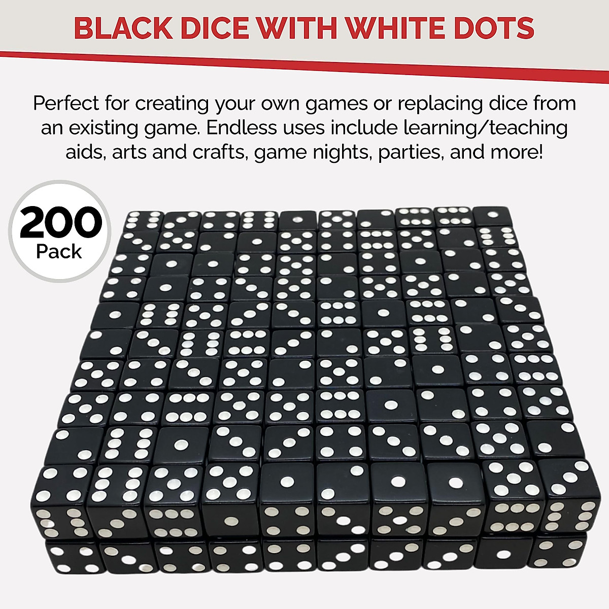 MR CHIPS D6 Standard 16 mm Opaque Dice with Pip Dots - 200 Pack - Black