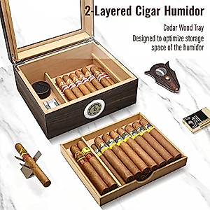 Flauno Desktop Cigar Humidor, Cedar Wood Humidor Cigar Box with Digital Hygrometer, Humidifier, Tray and Dividers, Holds 25-50 Cigars, Walnut Finish