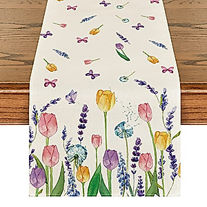 Artoid Mode Lavender Tulip Spring Table Runner, Summer Seasonal Anniversary Holiday Kitchen Dining Table Decoration for Indoor Outdoor Home Party Decor 13 x 72 Inch