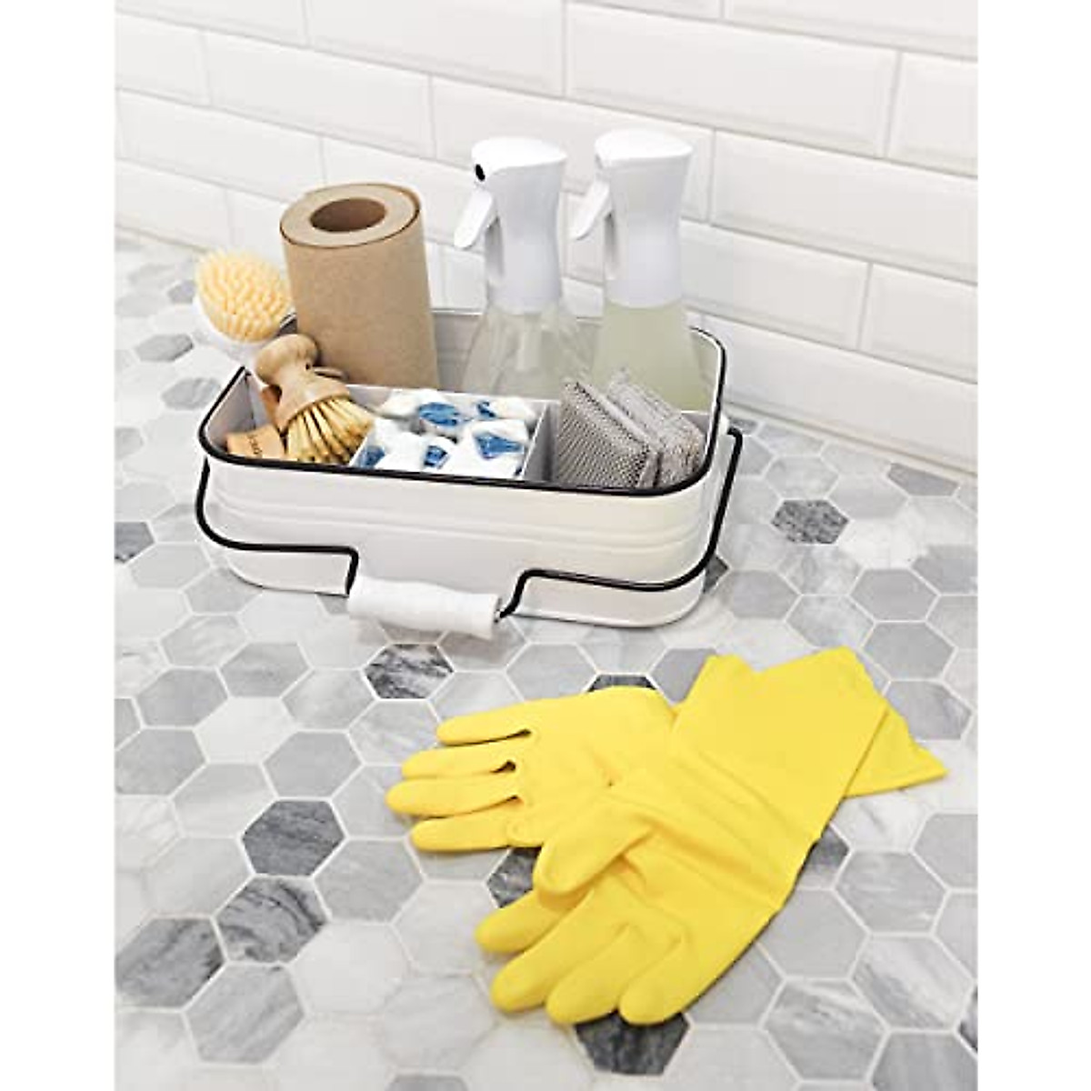 AuldHome Large Rustic Caddy; 4-Section White Enamelware Farmhouse Style Organizer with Handle