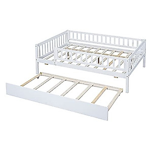 Vierniya Kid Bed with Fence and Trundle Full Size Trundle Bed with Rails, Wooden Toddler Daybed Montessori Bed for Boys Girls, White