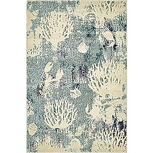 Unique Loom Positano Collection Coastal Modern Coral Lobster Shells Light Blue Area Rug (4' x 6')