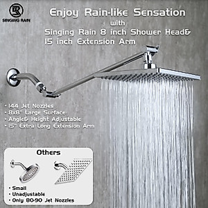 8'' Rain Shower Head with 15'' Extension Arm- 𝟮 𝗳𝗼𝗿 𝟭 𝗖𝗼𝗺𝗯𝗼 Large Surface Fixed Square Shower Head- Extra Long Adjustable Shower Head Extension Arm- Singing Rain Ultimate Shower Experience