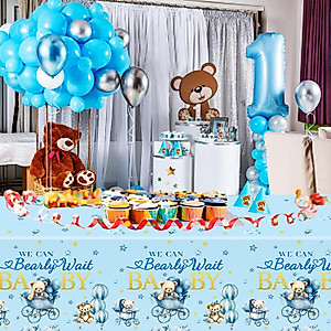 3pcs Bear Baby Shower Decorations Tablecloth Large Blue Teddy Bear We Can Bear Wait Baby Shower Decorations Table Cloth 108x54 Inches Disposable Waterproof Table Covers for Boy Baby Shower Party