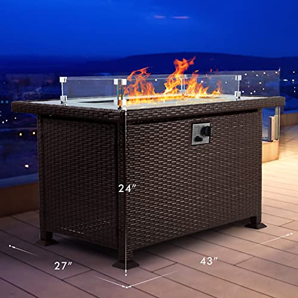 Propane Fire Pit Table Outdoor: 44" 60000BTU Auto-Ignition Propane Fire Pits Table with Wind Guard Square Large Wicker Propane Firepits Rattan Fire Pits Table for Patio Garden Dinning (CSA Certified)