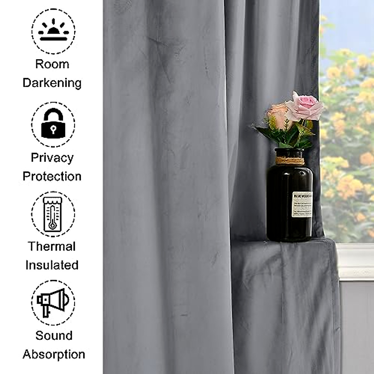 XWZO Velvet Curtains 96 Inches Long - Soft Room Darkening Thermal Insulated Thick Window Curtain Panels for Bedroom/Gallery/Home Theater/Patio Door with Tiebacks, Grommet, Grey, W52 x L96, Set of 2