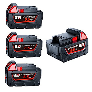GROWFEAT 4-Pack 6.5Ah 18V Battery Replacement for Milwaukee M-18 Battery, Compatible with Milwaukee Battery 18V Charger and Tools