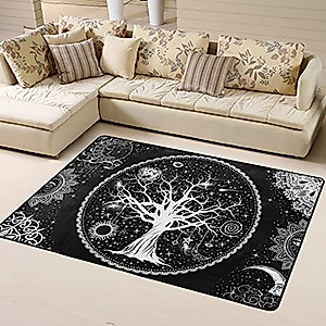 Area Rug Non-Slip Indoor Carpet Waterproof Resist Dirt Tree of Life Trippy Mandala Moon and Sun Black Mystic Pattern Nursery Rug for Hotel, Playroom, Dormitory Area Carpet Floor Mat