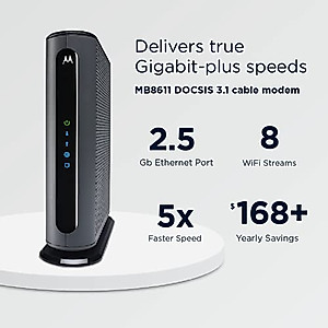Motorola MB8611 DOCSIS 3.1 Multi-Gig Cable Modem | Pairs with Any WiFi Router | Approved for Comcast Xfinity, Cox Gigablast, Spectrum | 2.5 Gbps Port | 2500 Mbps Max Internet Speeds