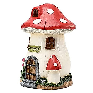 WONDHOME Mushroom Illuminated Miniature Fairy Landscape House with Solar Powered LED Outdoor Garden Statue