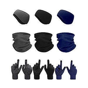 9 Pcs Unisex Winter Accessory Set Include Fleece Ear Warmers Headband Earmuff Winter Neck Gaiter Touchscreen Knit Gloves(Black, Navy Blue, Grey)