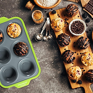 JXWING 6 Cups Non-stick Silicone Cupcake Baking Pan with Ergonomics Grips, Premium Stainless Steel Core Muffin Pan, Green