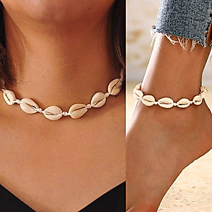 Chennie Boho Cowrie Shell Choker Necklace Beach Puka Seashell Necklaces Adjustable Rope Jewelry with Anklets for Women (A Ivory)