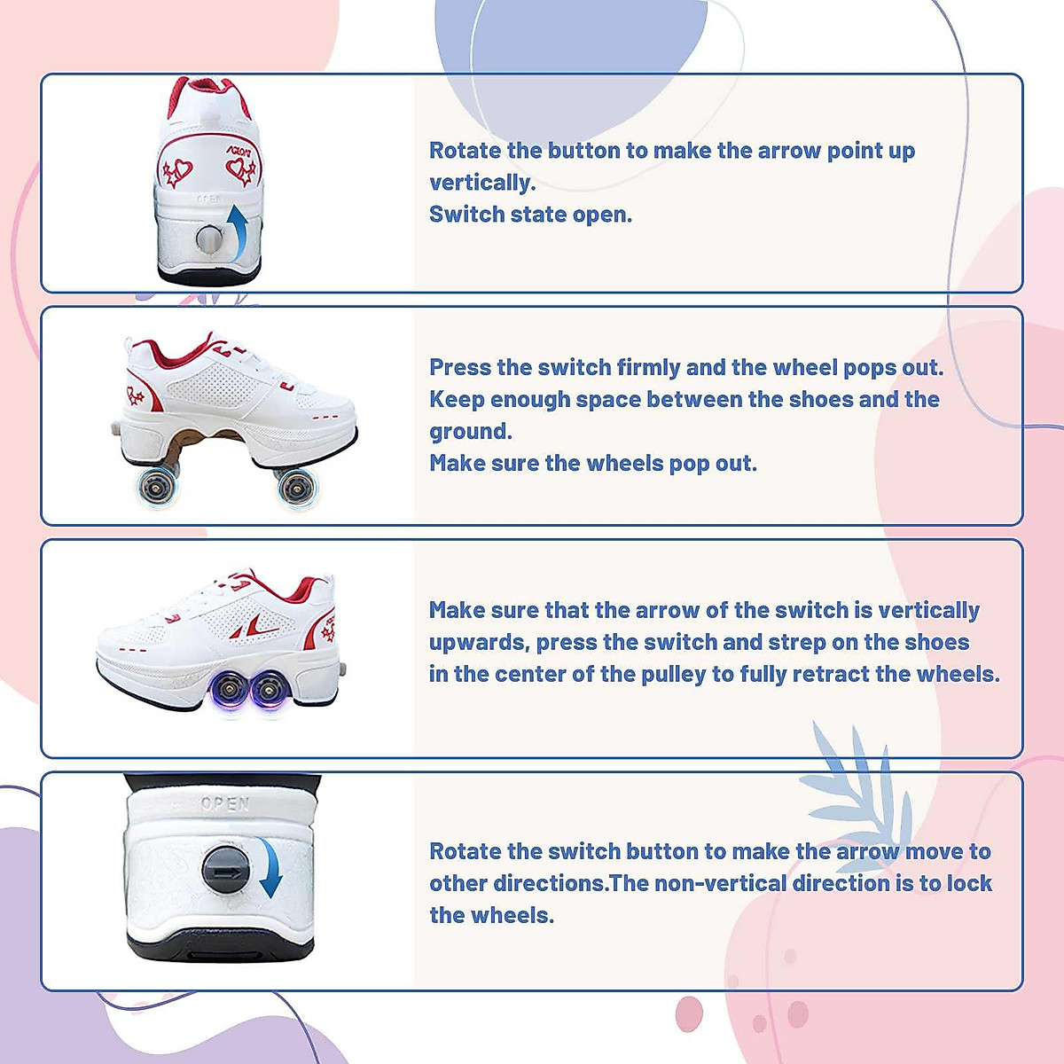 JZYUN Clock Double-Row Deformation Skates, Multifunctional Roller Shoes,Pulley& Outdoor Sneakers 2-in-1 Shoes, Automatic Walking Shoes with 4 Retractable Wheels for Adult Children