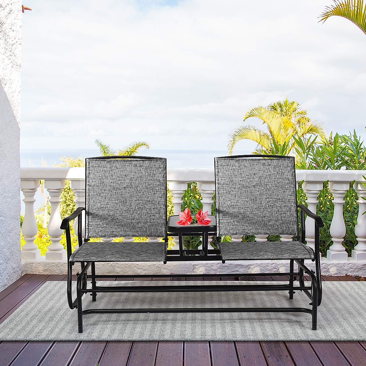 Giantex Patio Bench Glider Chair with Metal Frame, Center Tempered Glass Table, Outside Double Rocking Swing Loveseat for Porch, Garden, Poolside, Balcony, Lawn Rocker Outdoor Glider Bench(Gray)