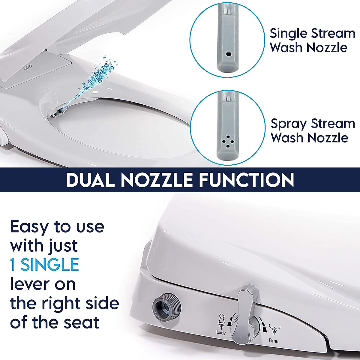 JEP Dual Nozzle Manual Bidet Toilet Seat for Elongated Toilets with Soft Close Seat and Cover | Bidet Seat for Rear & Feminine Cleaning, Easy to Install, Convenient, and Power Free (Elongated Toilet)