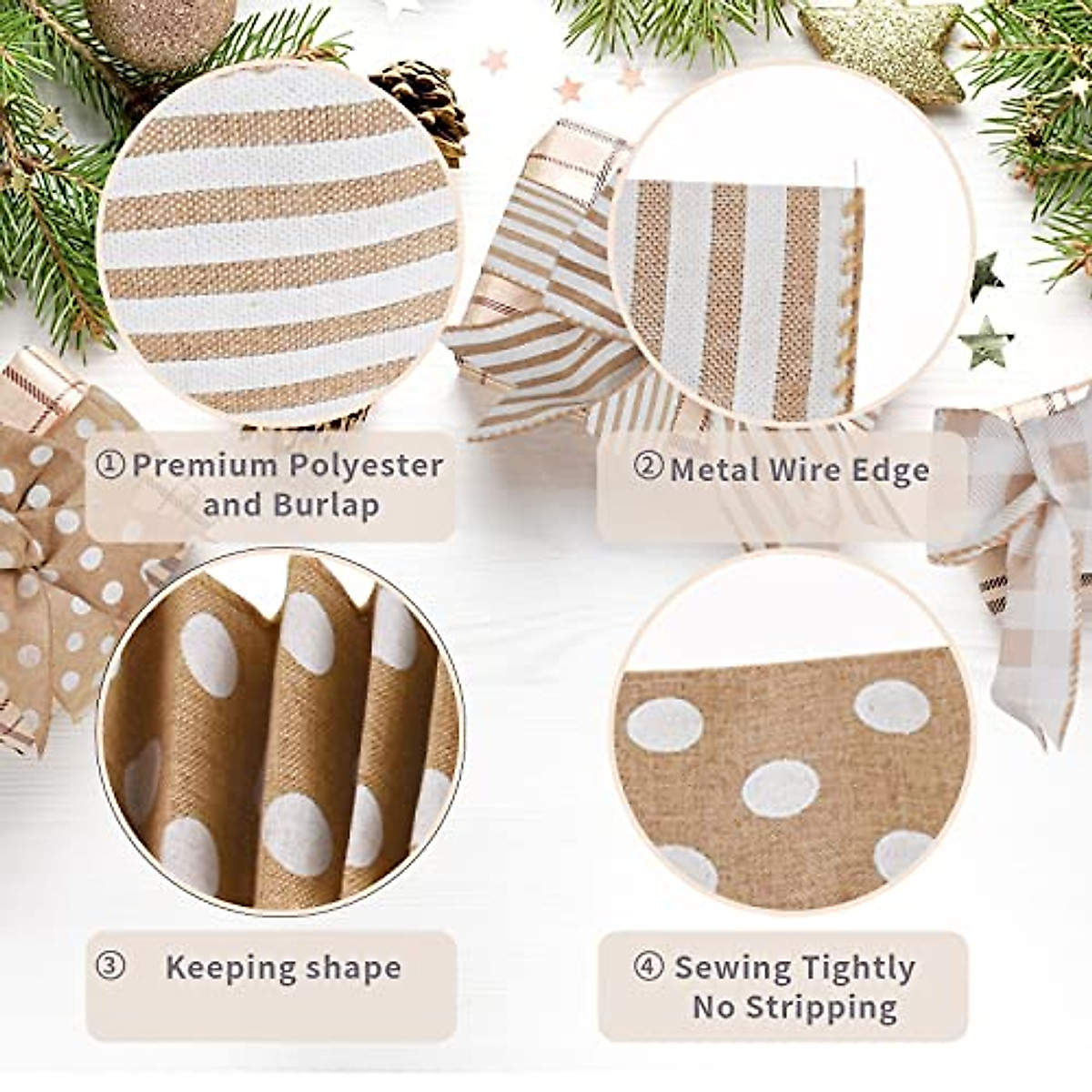 MuRealy Farmhouse Wired Ribbons 2.5 inch, 4 Rolls 20 Yards Welcome Stripe Polyester Ribbons with Buffalo Plaid, Dot Burlap Ribbon for DIY Wreaths Christmas, Birthday Wedding Decor