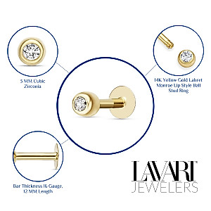 Lavari Jewelers 16 Gauge Labret Monroe Style Stud Ball Lip Ring in 14k Yellow Gold with 3 mm Cubic Zirconia