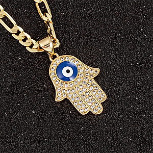 kelistom 14K Gold Plated Evil Eye Hamsa Hand Necklace for Women Men | Gold Cubic Zirconia Inlay Evil Eye Pendant Necklace | 3mm Figaro Chain Necklace 18/22 inches