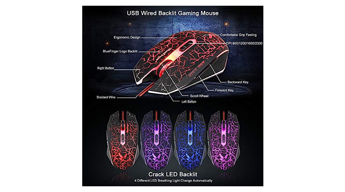 BlueFinger Gaming Keyboard Mouse Headset Combo,USB Wired Crack Backlit ...