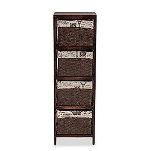 Baxton Studio Bosley Modern French Inspired Walnut Brown Finished Wood 4-Basket Storage Unit, Dark Brown/Beige