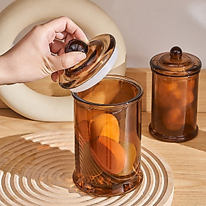 KMwares 3PCs Set Small Glass Premium Quality Apothecary Jars with lids Bathroom Accessories Vanity Organizer Canisters for Cotton Balls/Swabs, Makeup Sponges, Bath Salts, Q-Tips(Brown jar)