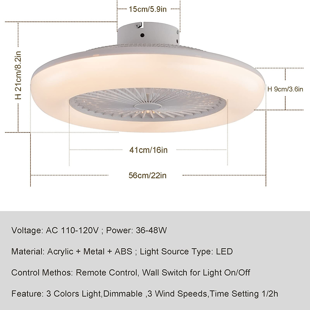 TFCFL 22 Inch Ceiling Fan with Light and Remote Control,Dimmable Modern LED Semi Flush Mount Light Fandelier,Enclosed Ceiling Fan,Quite Motor,for Home Living Room