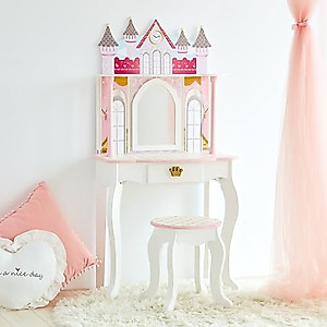 Teamson Kids Dreamland Princess Play Vanity Set with Mirror, Shelf, Storage Drawer, Stool, and Accessories for 12" Dolls, White an Pink