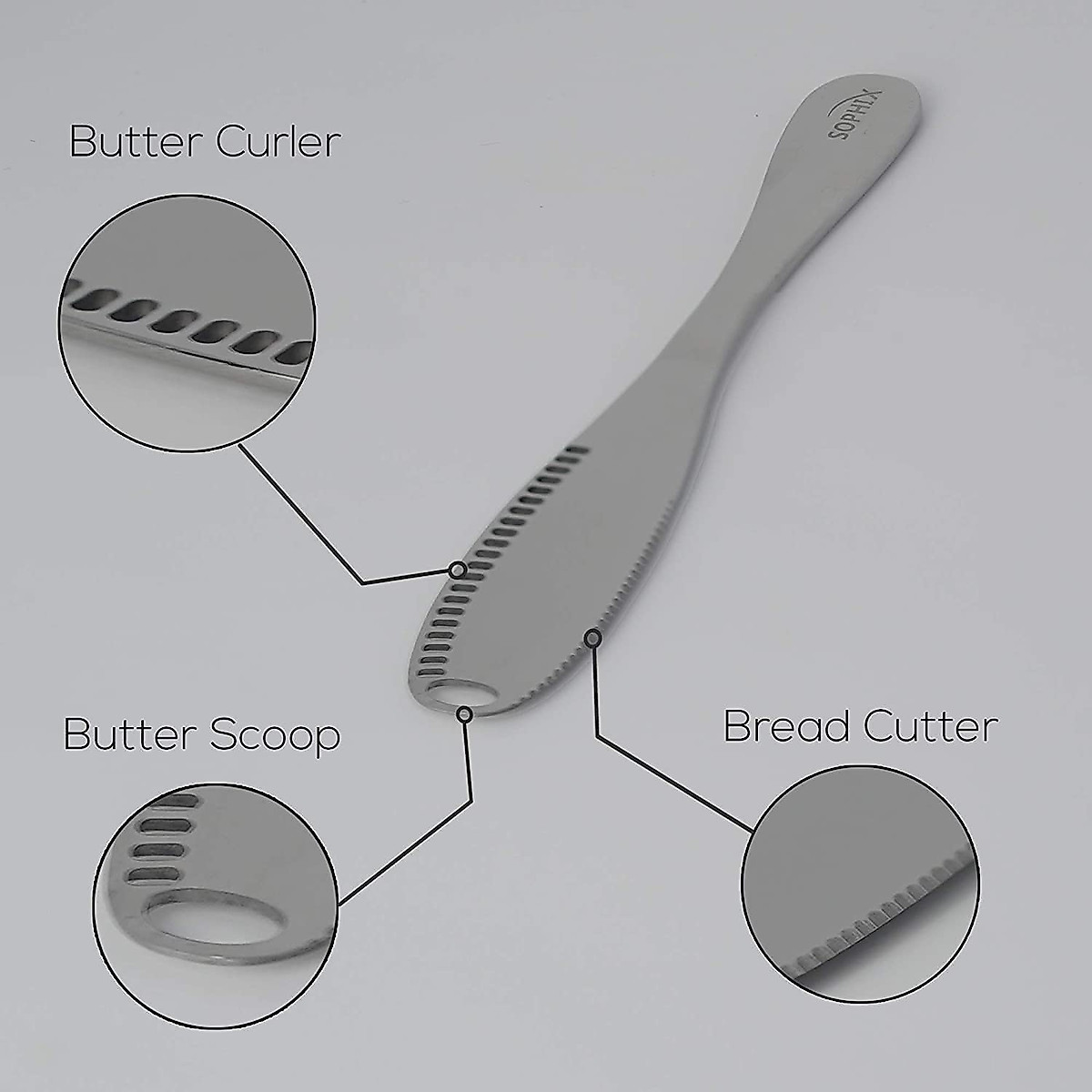 Sophix Butter Knife, Elegant Gift Butter Knife Spreader with Holes, Stainless Steel Easy Spread Butter Knife & Curler that makes the Butter Spread better | 3 in 1 Kitchen Gadget