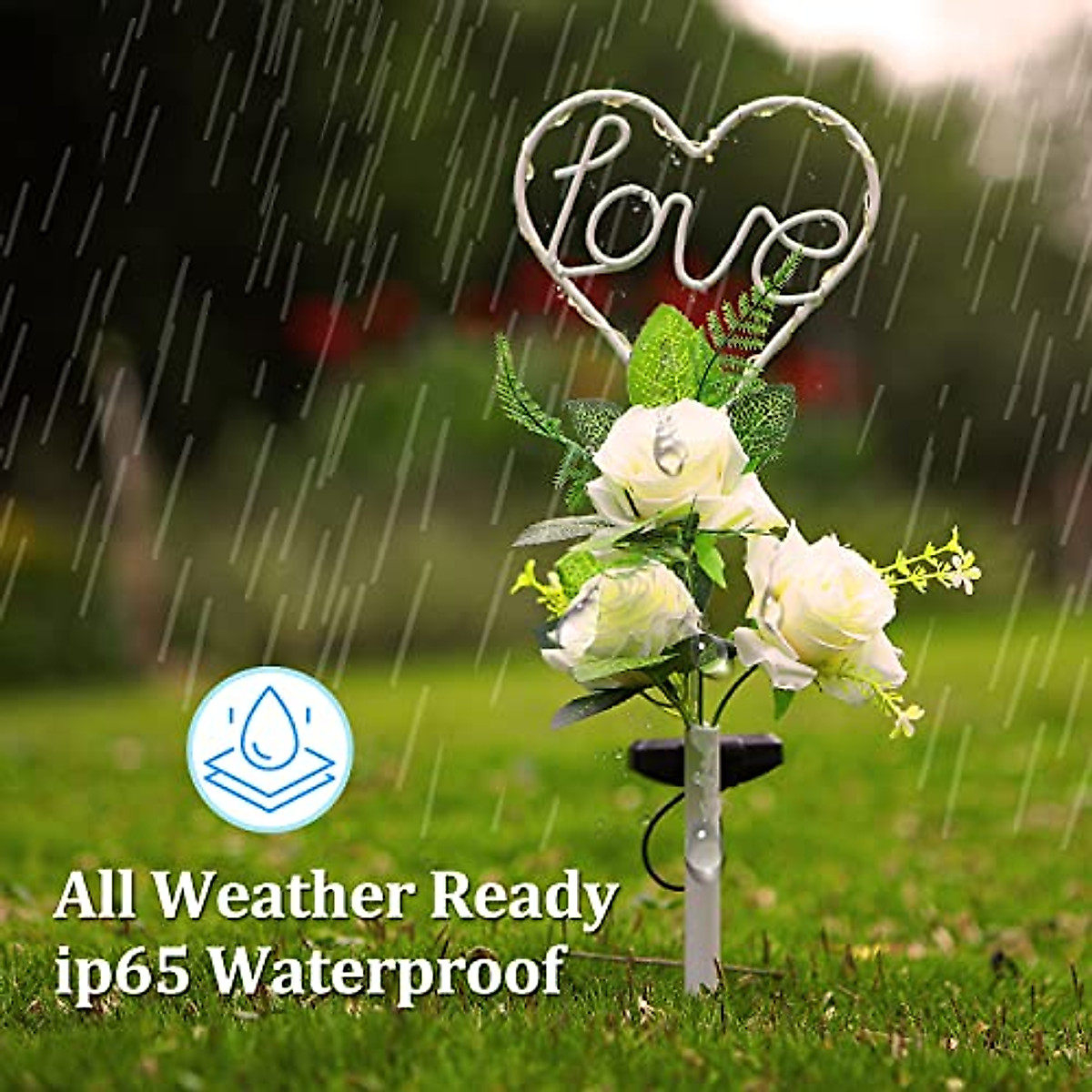 Joyathome 16 Inch Solar Heart Garden Stake Lights with 3 Artificial Flowers Metal Garden Art for Patio Lawn Garden Decor Solar Outdoor Love Sign for Gravesites Memorial and Ideal Gifts for Loved Ones