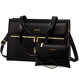 LOVEVOOK Laptop Bag for Women 15.6 Inch Laptop Tote Work Bag Professional Leather Computer Briefcase Waterproof Handbag Shoulder Bag Large Capacity Business Teacher Office Bag Crossbody Purse,Black