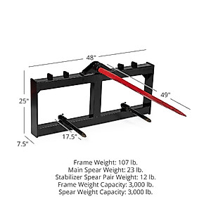 Titan Attachments Skid Steer Hay Frame Attachment, 49" Hay Spear and Stabilizer Spears, Rated 3,000 LB, Quick Tach Mounting, Hay Handing Equipment for Bobcat Tractors
