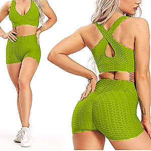 White for Women 2 Piece Womens Workout Biker Shorts High Waisted Tummy Control Stretch Skinny Shorts Gym Brazilian Textured Hot Shorts(Pink+Green,Large)