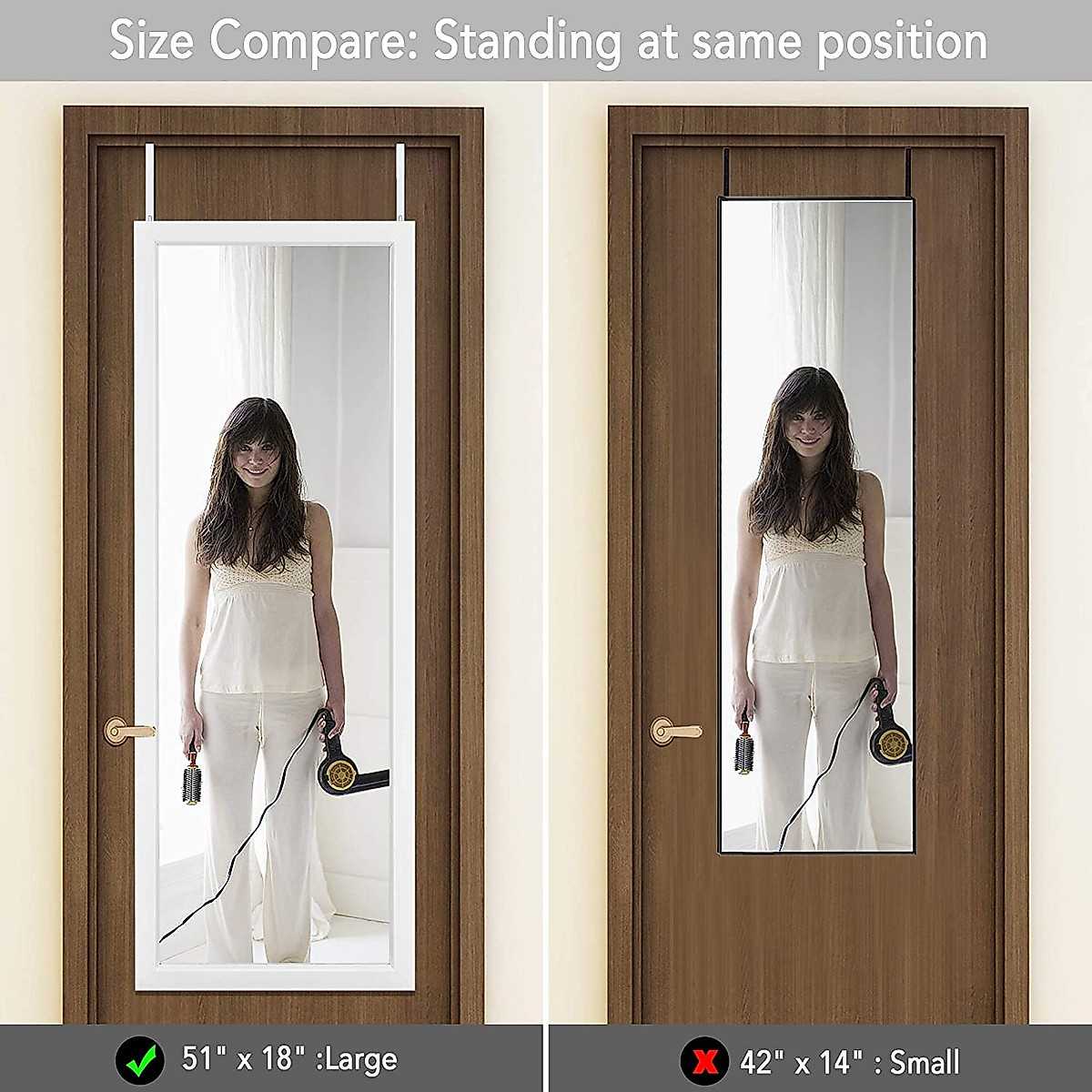 PexFix Door Mirror Full Length 51"x18" Over The Door Rectangle Sleek White Frame Space Saving Floor Mirror Dressing Hanging Wall Mounted Mirror (US-MHJ002-WH+USAM019)