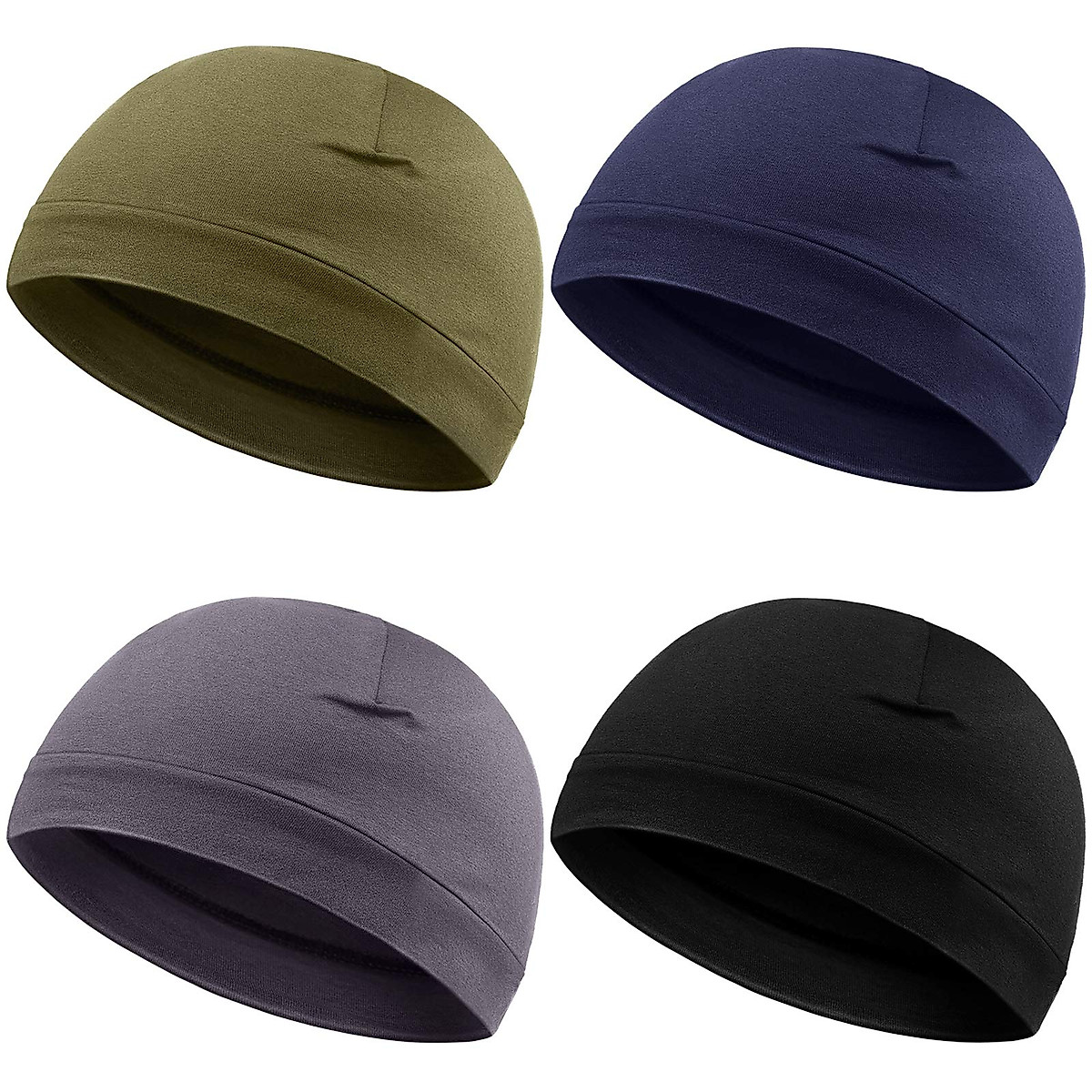 4 Pieces Men Skull Caps Soft Cotton Beanie Hats Stretchy Helmet Liner Multifunctional Headwear for Men Women (Black, Gray, Army Green, Navy Blue,Solid Style)