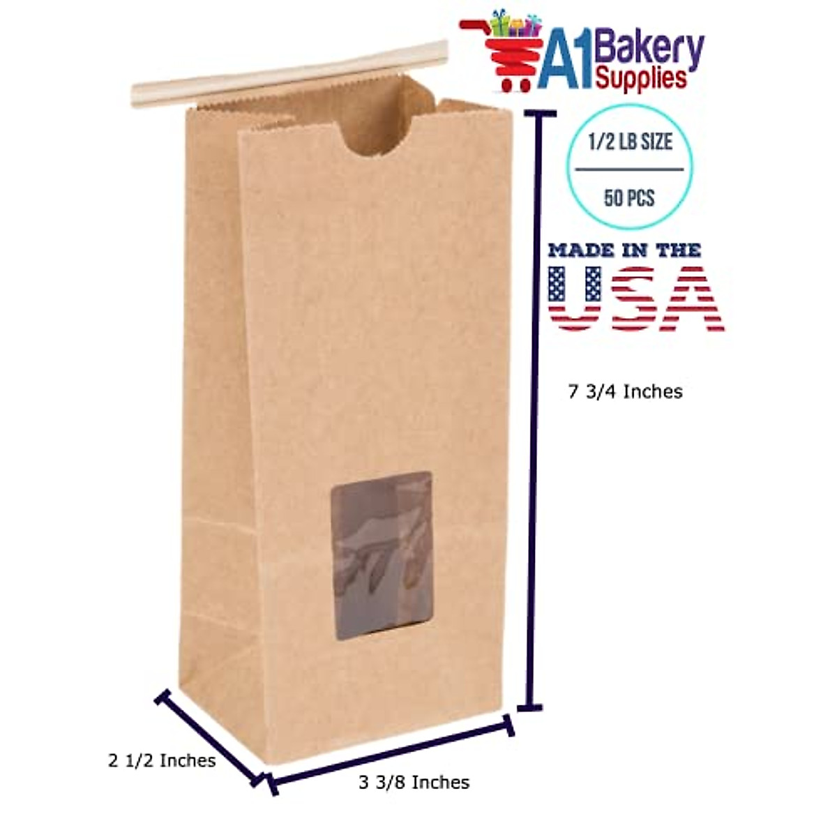 Kraft 1/2 Lb. Tin Tie Bakery Bag w/Square Window - 50 Pack by Premium Tin Ties