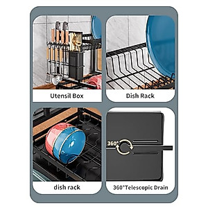 LEAQU Dish Drying Rack,Dish Rack for Kitchen Counter,2-Tier Carbon Steel Dish Drainer with Drainboard and Utensil Holder, Sink Dish Drainer Kitchen Organizers and Storage Rack for Dishes,Spoons Black