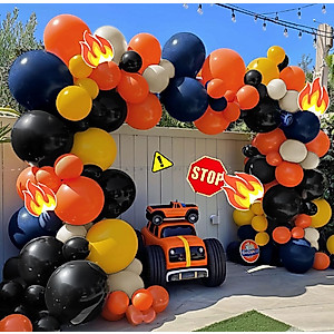 Race Car Balloon Arch - Blue Black Yellow Balloons Double Stuffed Black White Sand Yellow Balloons Navy Blue Orange Beige Balloon Garland Kit for Race Car Fire Truck Birthday Baby Shower Party Decor