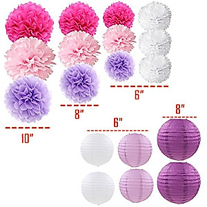 Purple Pink Tissue Paper Flowers Lanterns Decorative Flowers Pom Poms Party Decorations, 18 pcs