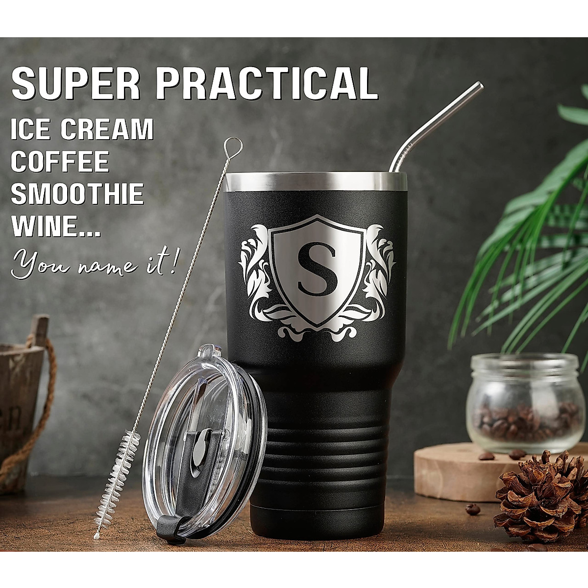 Onebttl Personalized Gifts for Men with Initial J, Monogrammed Travel Tumbler for Him, Custom Coffee Cups, Unique Birthday Christmas Gifts for Men who Have Everything, Black, 30oz