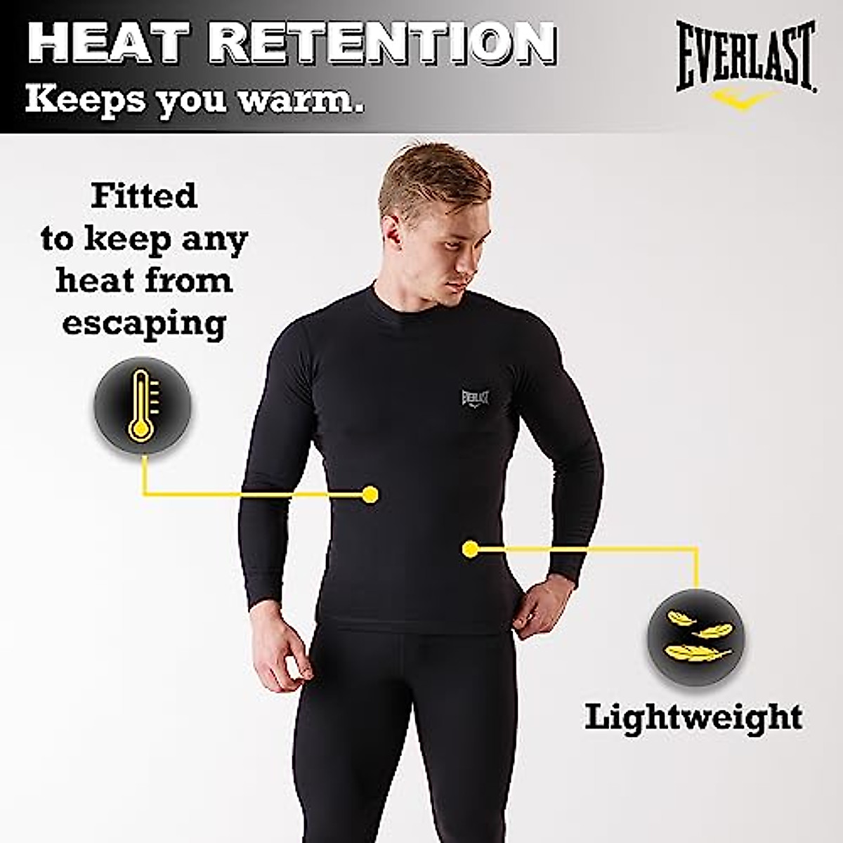 Everlast Mens Base Layer Set - Top & Bottom - Compression Shirts for Men, Compression Pants Men, Rash Guard for Men, Leggings, Black, Large