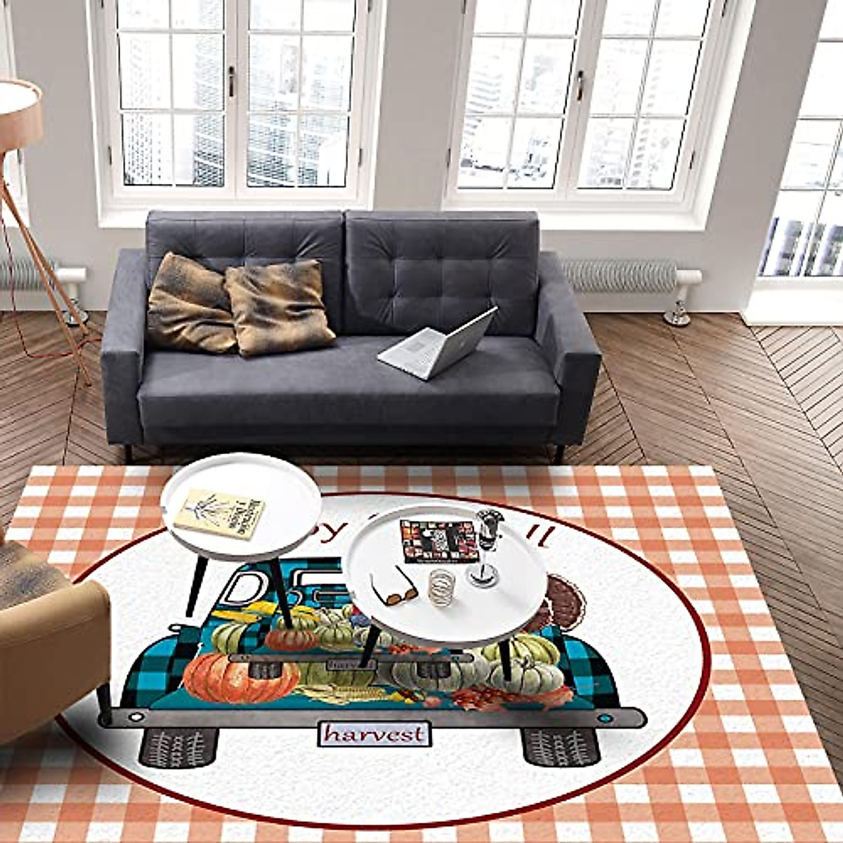 Indoor Area Rugs Thanksgiving Turkey Autumn Pumpkin Truck Non-Slip Floor Mats Orange Grid Rectangular Carpet Soft Washable Rugs for Living Room/Bedroom/Hallway Home Decor - 4x6 Feet