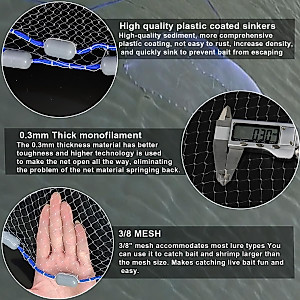 Drasry Saltwater Fishing Cast Net 3/8 and 1/4 Mesh with Heavy Duty Gray Sinker American Monofilament Fish Throw Net for Bait Trap 3FT 4FT 5FT 6FT 7FT 8FT 9FT Radius 3/8, 3FT Radius /90cm