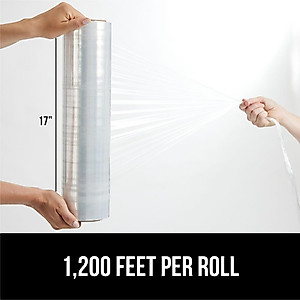 Gorilla Grip 500% Stretch Film Heavy Duty Plastic, 1200ft Shrink Wrap Roll 17" Puncture Resistant, Industrial Strength for Shipping, Pallet Storing, Moving, Packing Furniture Protection 1 Pack Clear
