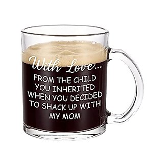 Waipfaru Funny Dad Stepdad Glass Coffee Mugs, With Love from the Child You Inherited Clear Coffee Mugs Cups with Handle, Christmas Father’ s Day Gifts for Stepdad Stepfather from Stepdaughter Stepsons