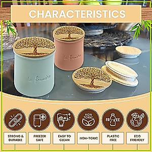 La Fermiere Yogurt Container Covers – Tree of Life Design or Choose a Design - 4 Bamboo Wood Lids Set With Extra Silicone Gaskets - Perfect Airtight Fit