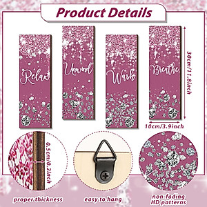Huwena 4 Pcs Glitter Diamond Bathroom Wall Decor Wooden Relax Wish Unwind Breathe Wall Art Bathroom Decor Pink Silver Shiny Drips Hanging Bathroom Sign for Living Room Home Spa Bathroom